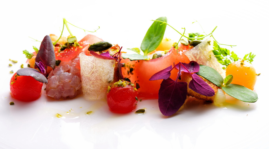 Haute cuisine appetizer with tuna tartare, watermelon and spices ...